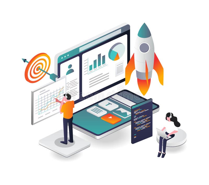 Launching New Apps with Rocket in Isometric Illustration Stock Vector ...