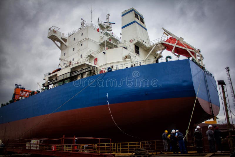 Launching of Renovated Tanker Cargo Ship from Dock To Water Stock Image ...