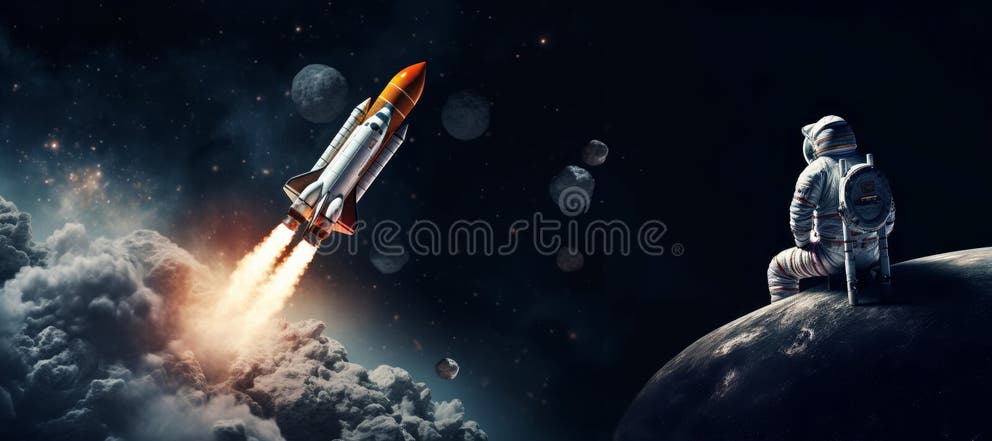 Launching a Rocket into Outer Space. an Astronaut Watches a Rocket ...