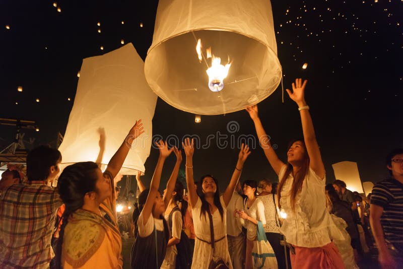 Launching sky lanterns editorial stock photo. Image of celebration ...