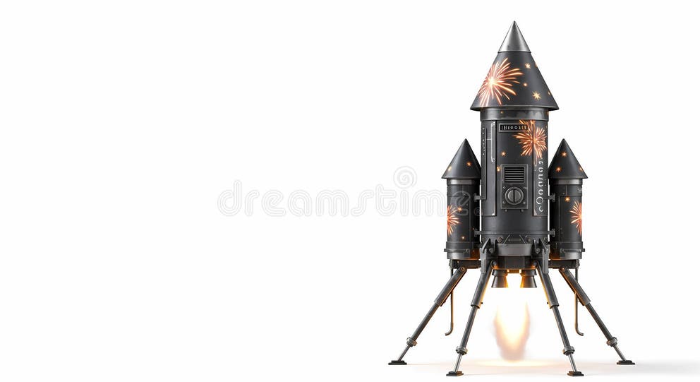 Launching Space Rocket with Firework Designs on White Background Stock ...