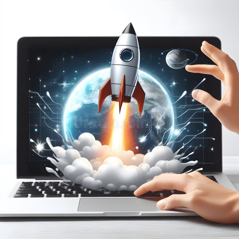 Launching Space Rocket from Laptop Screen Stock Illustration ...