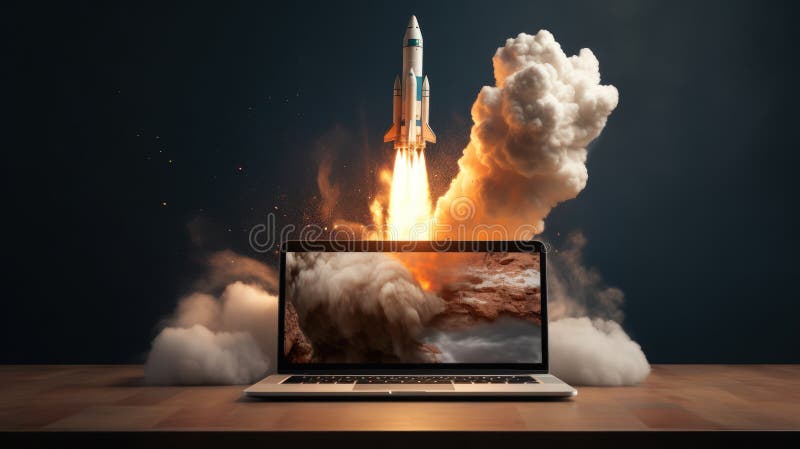 Launching a Space Rocket from a Laptop Screen Stock Illustration ...