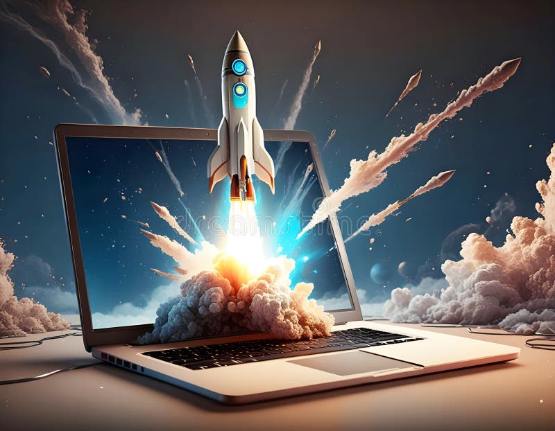 Launching Space Rocket from Laptop Screen Stock Illustration ...