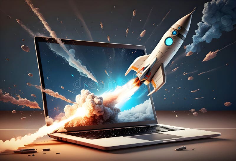 Launching Space Rocket from Laptop Screen Stock Illustration ...