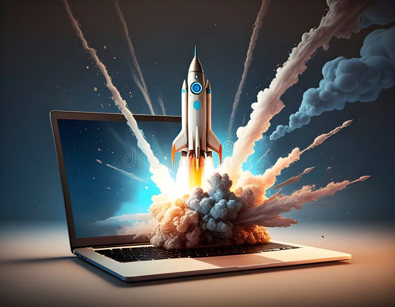 Launching Space Rocket from Laptop Screen Stock Illustration ...
