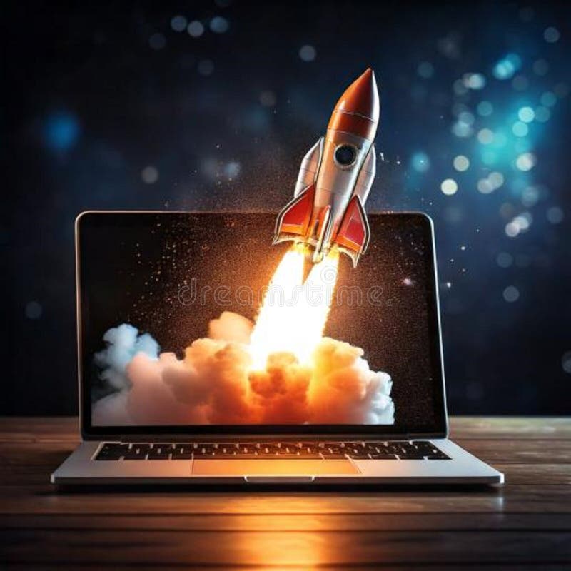 Launching Space Rocket from Laptop Screen Generative AI Stock ...