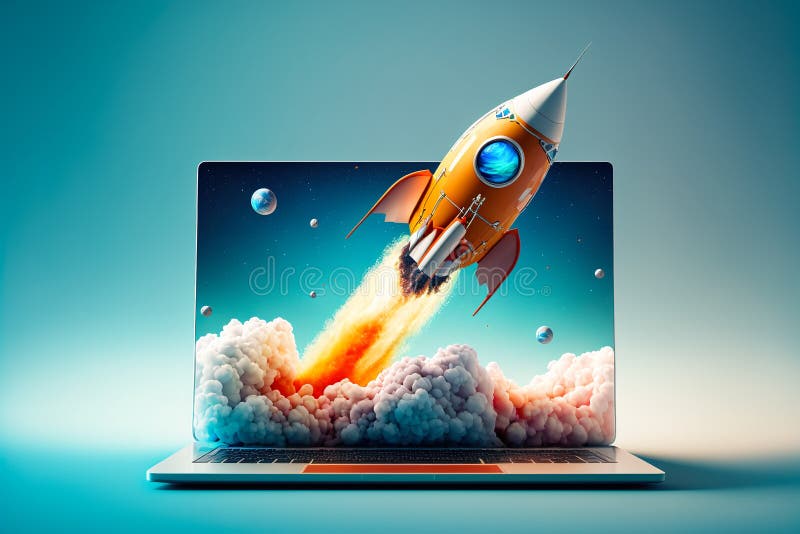 Launching Space Rocket from Laptop Screen Stock Illustration ...