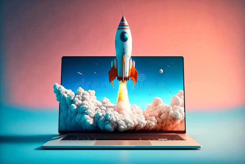 Launching Space Rocket from Laptop Screen Stock Illustration ...