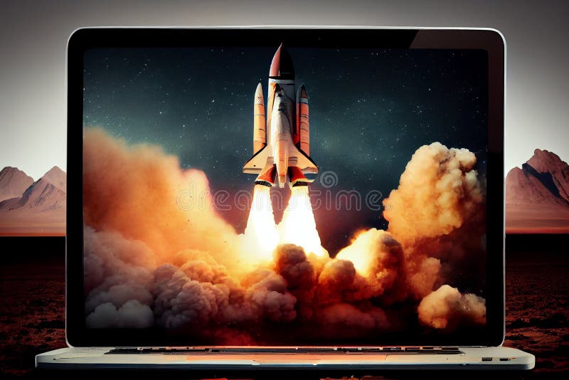 Launching Space Rocket from Laptop Screen,generative Ai Stock ...
