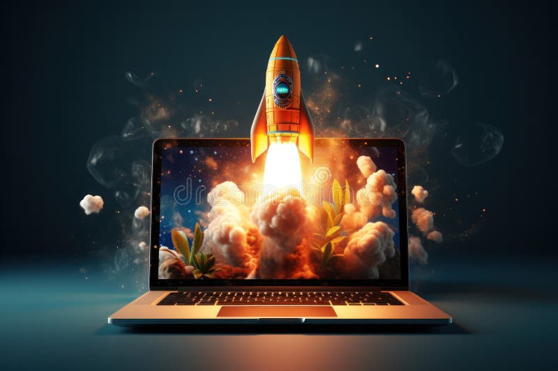 Launching Space Rocket from Laptop Screen. Generative AI Stock ...
