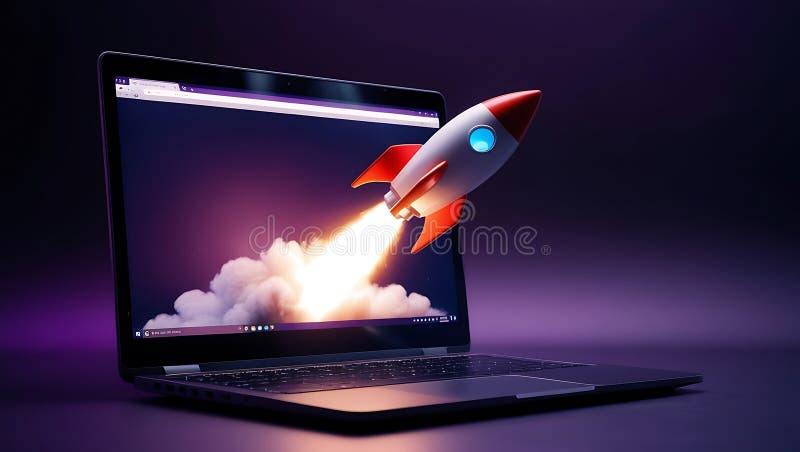 Launching Space Rocket from Laptop Screen. Generative Ai Stock ...