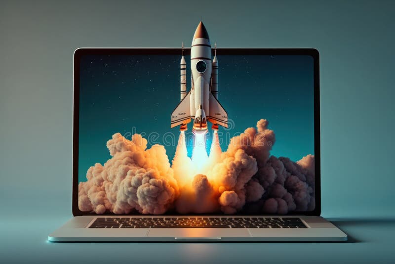 Launching Space Rocket from Laptop Screen, Generative AI Stock ...