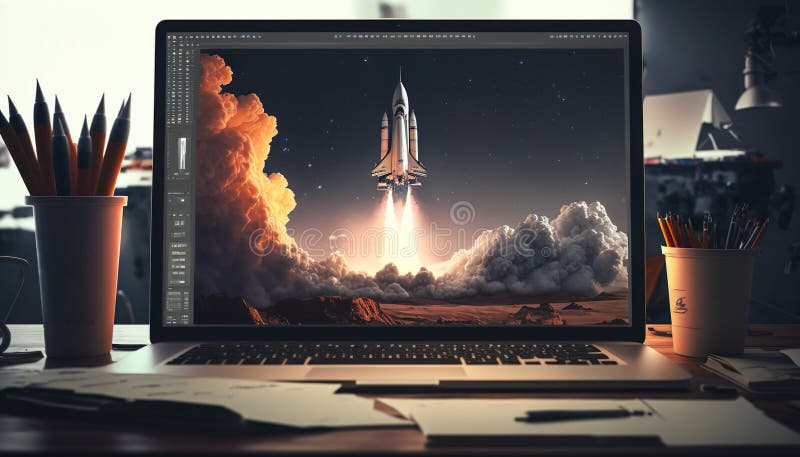 Launching Space Rocket from Laptop Screen for Startup Concept ...