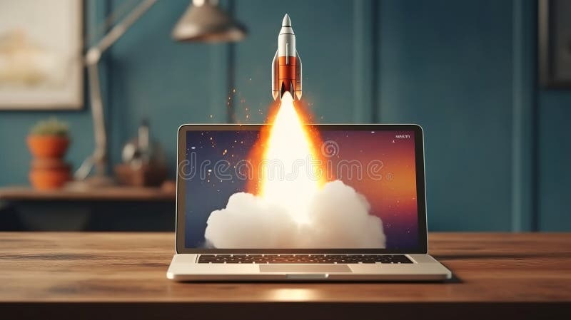 Launching Space Rocket from Laptop Screen Startup. Generative AI Stock ...