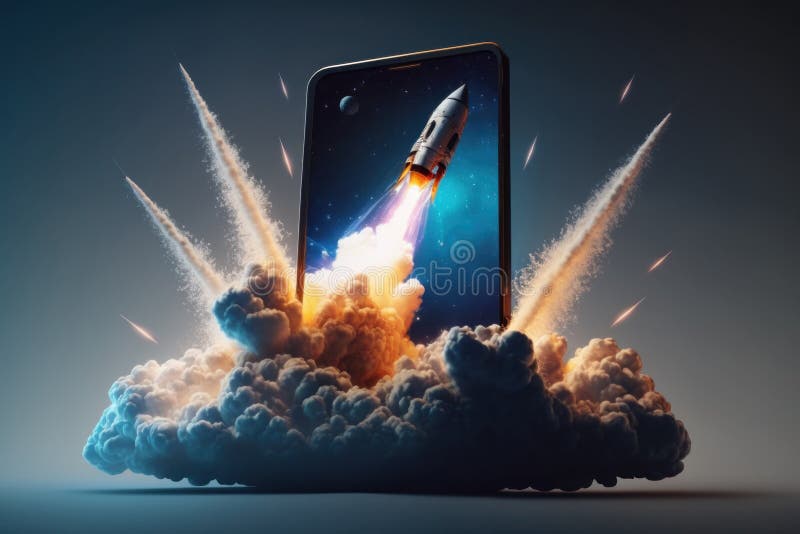 Launching Space Rocket from Tablet or Phone Screen, Generative AI Stock ...
