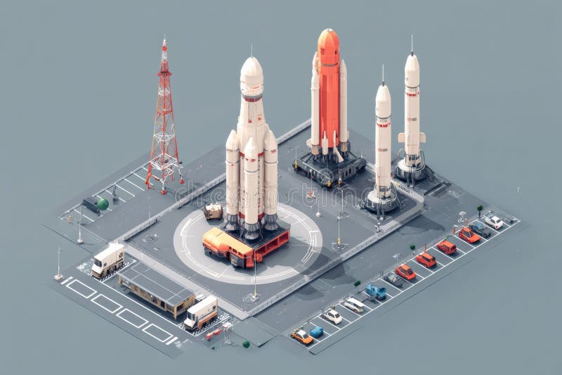 Launchpad Featuring Multiple Rockets and a Control Tower in an ...