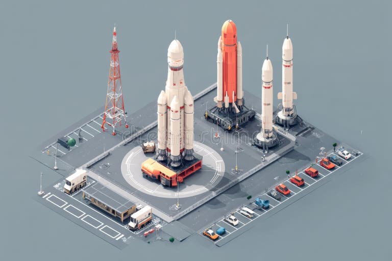 Launchpad Featuring Multiple Rockets and a Control Tower in an ...