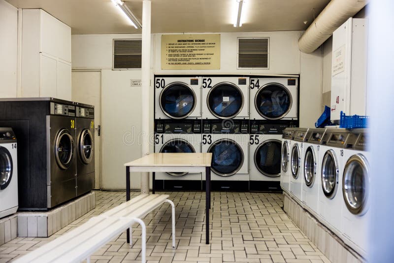 Laundromat Interior with Washing Machines Editorial Stock Image - Image ...
