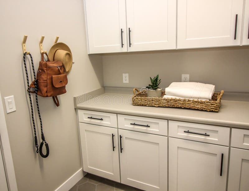 Laundry Area Cabinets with Free Standing Hooks Stock Image - Image of ...