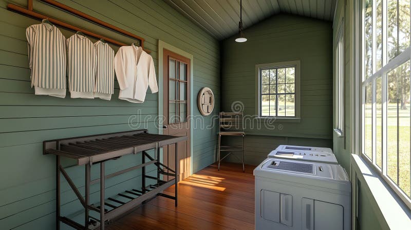 A Laundry Area Featuring Wall-mounted Drying Racks and a Folding ...