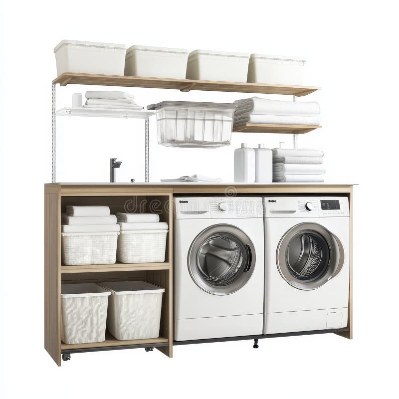 A Laundry Area Featuring a Washing Machine, Dryer, Storage Shelves, and ...