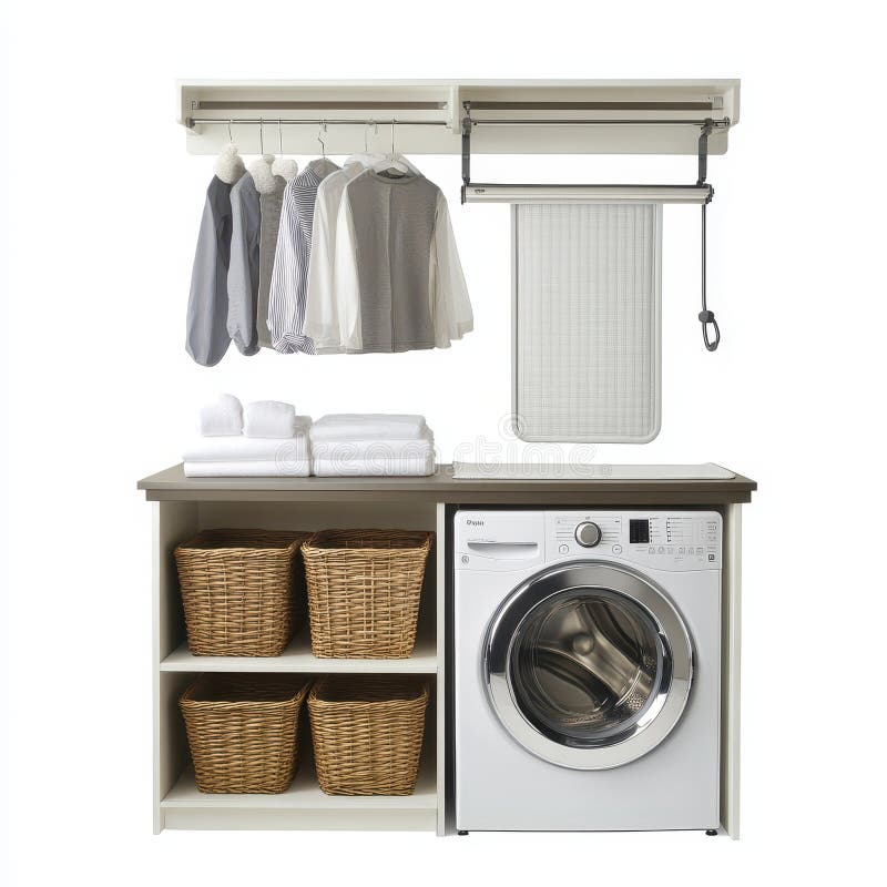 Laundry Area with Washing Machine, Drying Rack, and Organized Storage ...