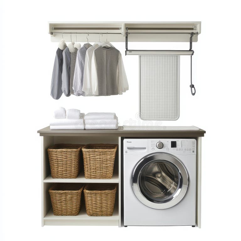 Laundry Area with Washing Machine, Drying Rack, and Organized Storage ...