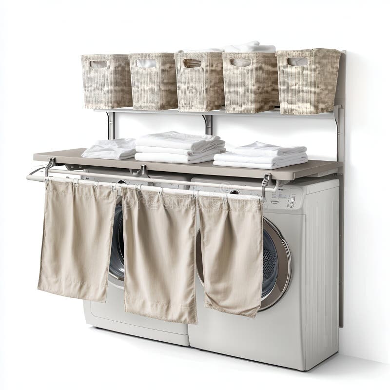 Laundry Area with Washing Machines, Storage Baskets, and Folded Towels ...