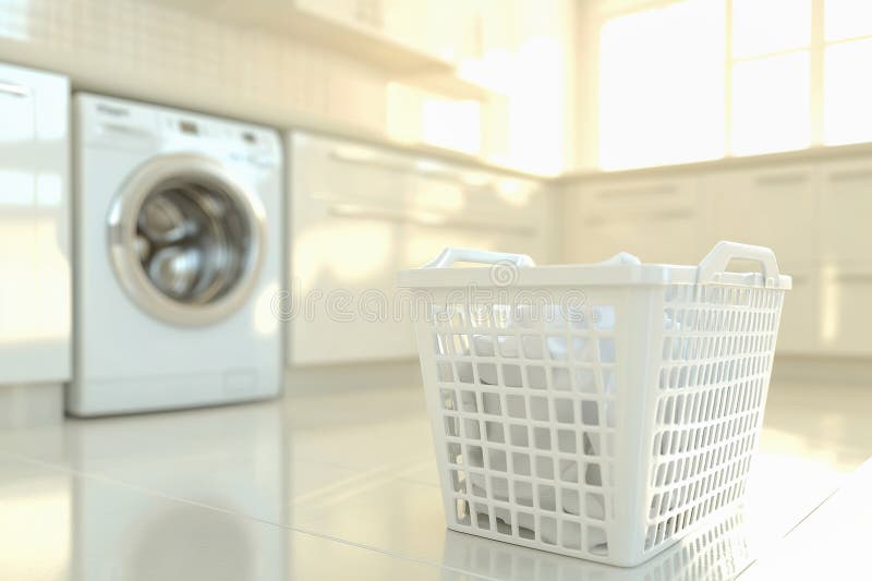 Laundry Basket in Bright Kitchen with Open Washing Machine and Cabinets ...