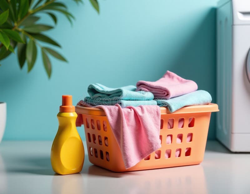 Laundry Basket with Clean Clothes and Detergent Bottle Stock ...