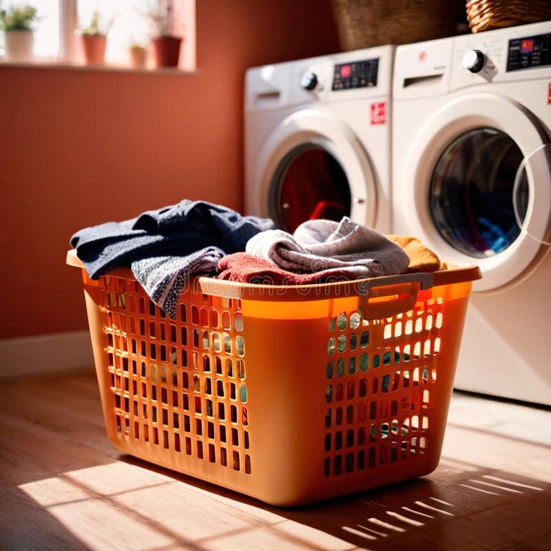 Laundry Basket, Clothes for Wash, with Washing Machine in Background ...