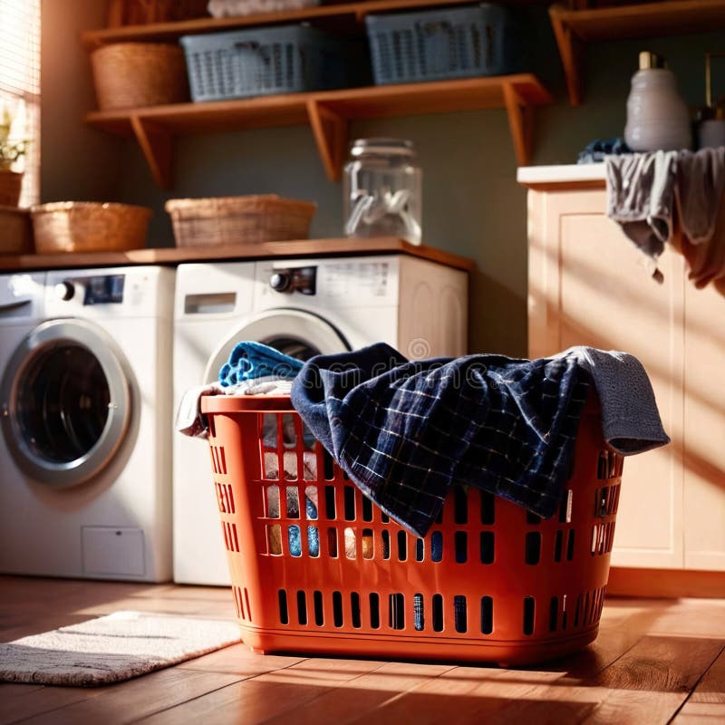 Laundry Basket, Clothes for Wash, with Washing Machine in Background ...
