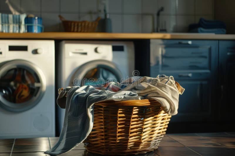 Laundry Basket on the Floor Near the Washing Machine Stock Image ...