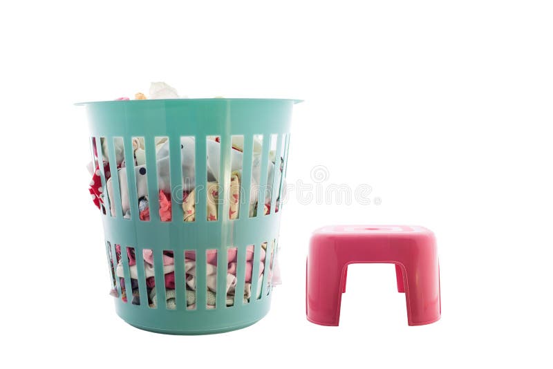 Laundry Basket Full of Clothes and Red Plastic Chair on White Stock ...