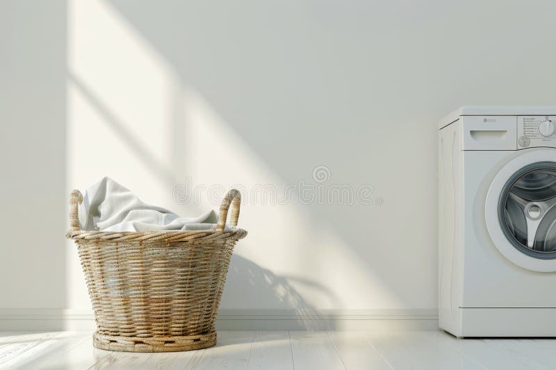 Laundry Basket with Towels and Detergent on Top of Modern Washing ...
