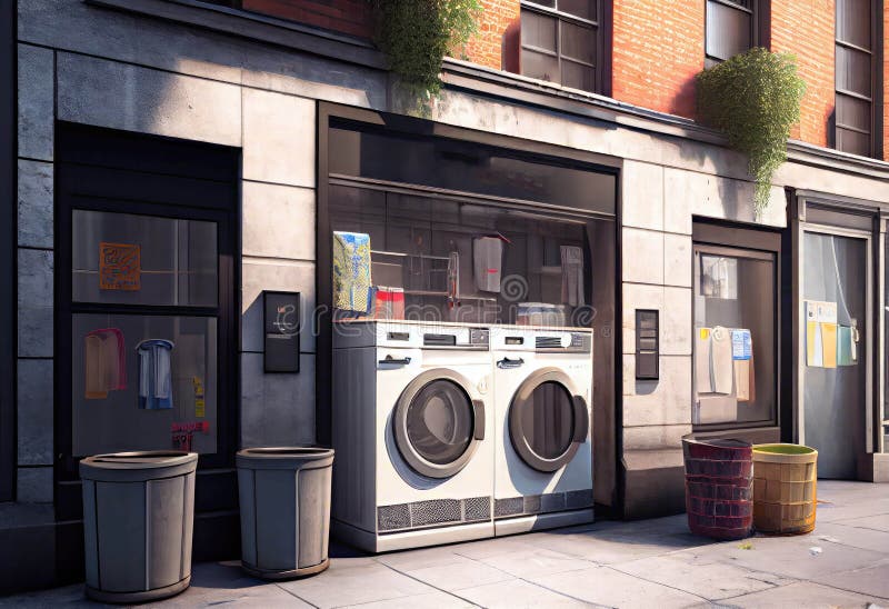 Laundry Building Exterior with Washing Machines Inside it. Gener Stock ...