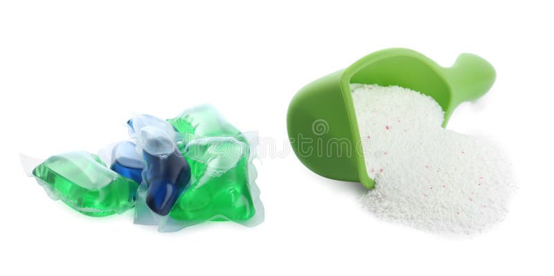 Laundry Capsules and Measuring Scoop of Washing Powder on White ...