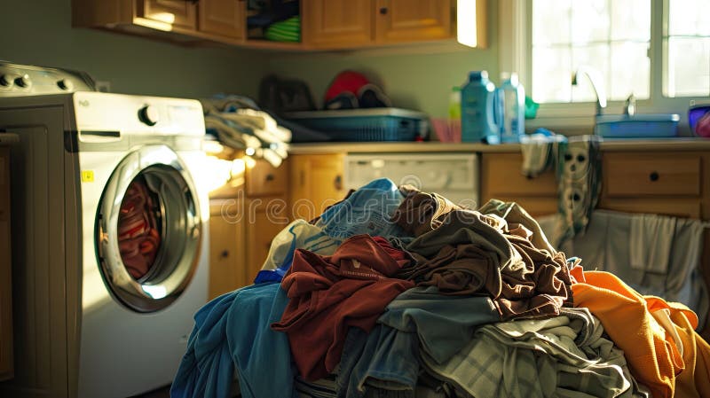 Laundry Day Pile Awaits Washing Machine, with Copy Space Stock ...