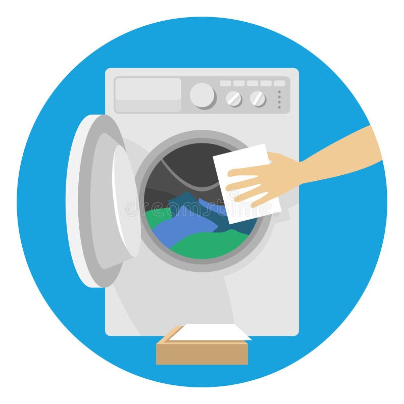 Laundry Detergent Sheets in Hand and Washer Stock Vector - Illustration ...