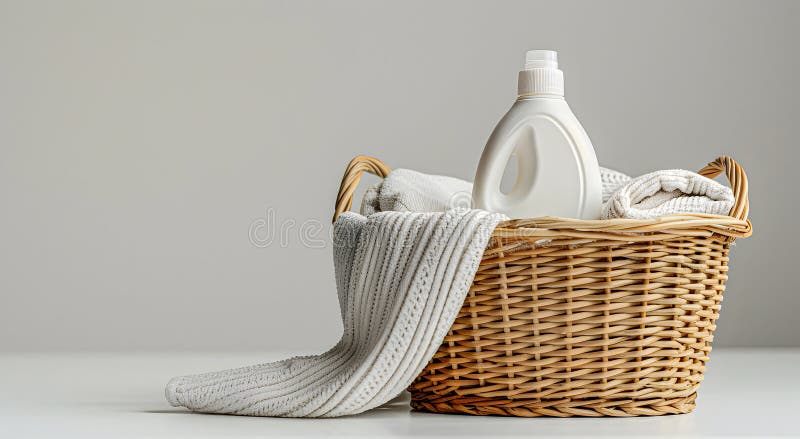 Laundry Detergent in a Wicker Laundry Basket with Clothes on a Light ...