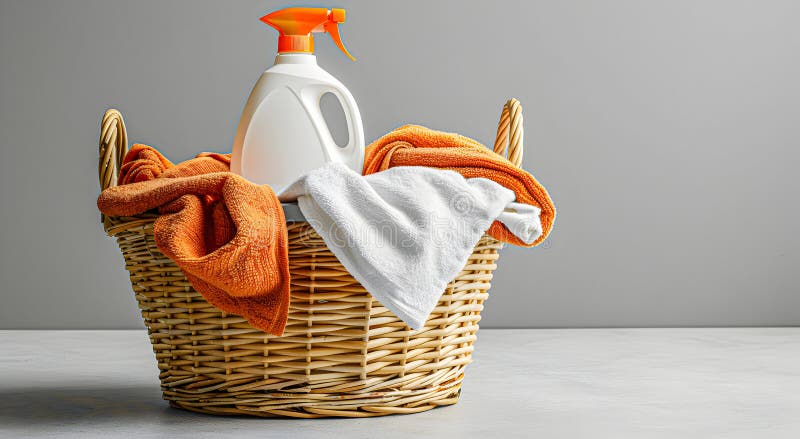 Laundry Detergent in a Wicker Laundry Basket with Clothes on a Light ...