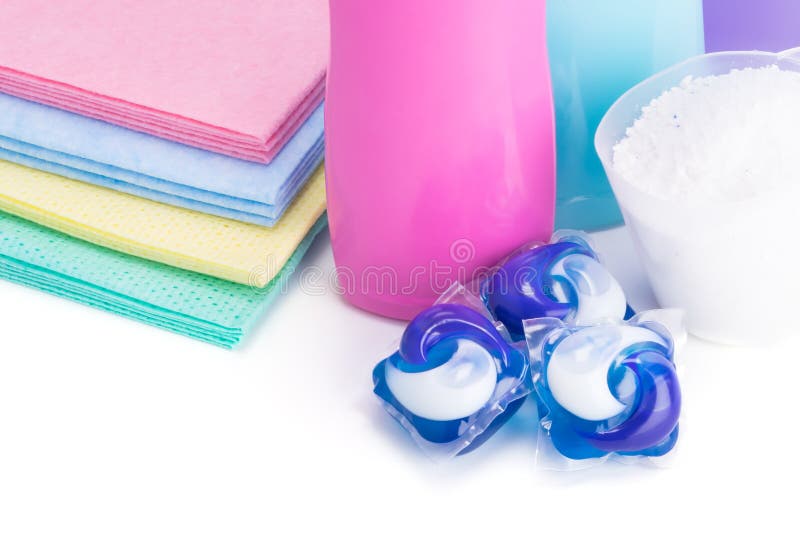 Laundry Detergents in Capsules and Items for Cleaning are on a White ...