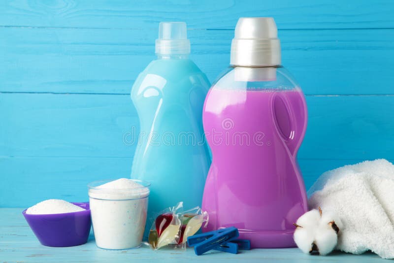 Laundry Detergents with Washing Powder and Capsules on Grey Background ...