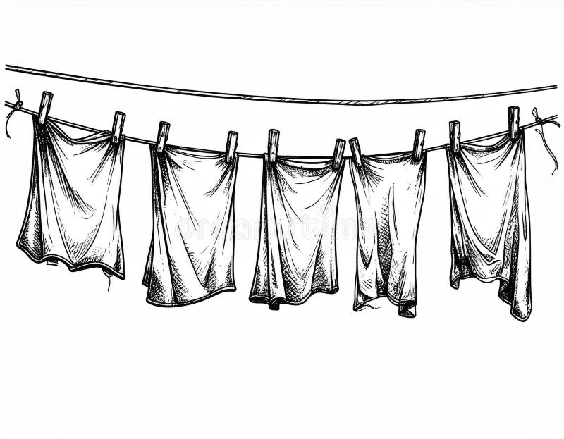 Laundry Drying on Clothesline with Clothes Pins in Black and White ...