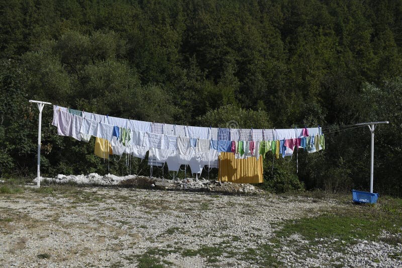 Laundry Drying on the Line Against the Forest Backdrop Stock Photo ...
