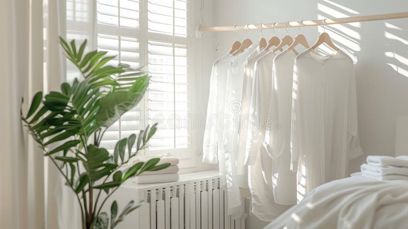 Laundry Drying on Rack Bright Room Clean Modern Interior White and ...