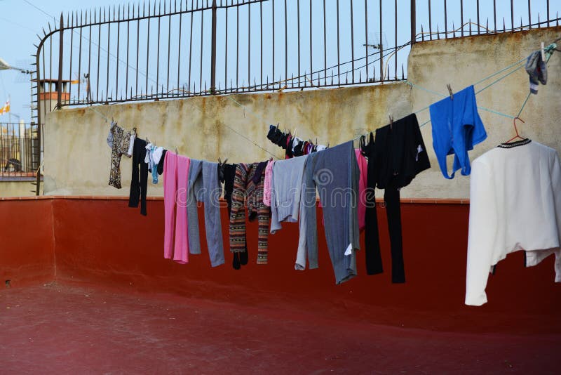 Laundry Drying on a Wire on Old Spanish Terrace in Barcelona Stock ...