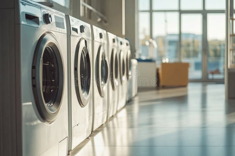 Row of Washing Machines in Laundry Room Stock Photo - Image of machines ...