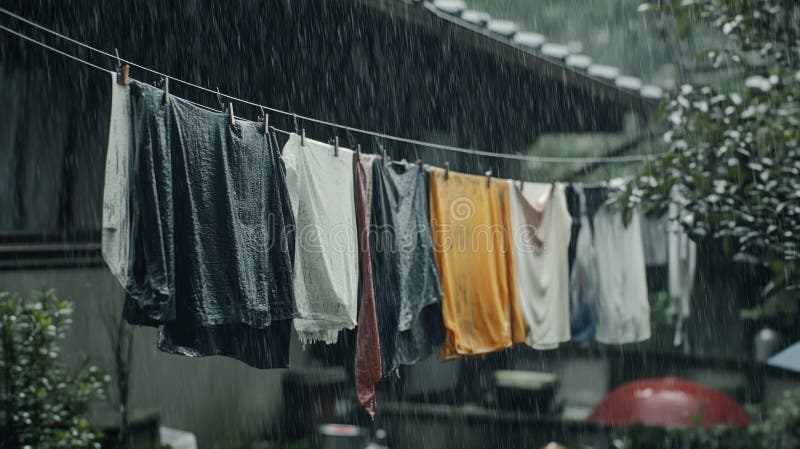 Laundry Hanging on Clothesline in the Rain Stock Illustration ...
